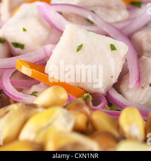 Peruvian-style ceviche made out of raw mahi-mahi fish (Spanish: perico ...