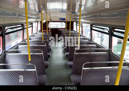 Interior upper deck of London Routemaster bus. Wide shot from rear ...