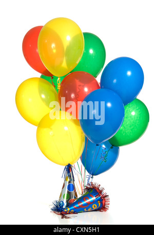 Primary color balloon bouquet with party hats Stock Photo - Alamy