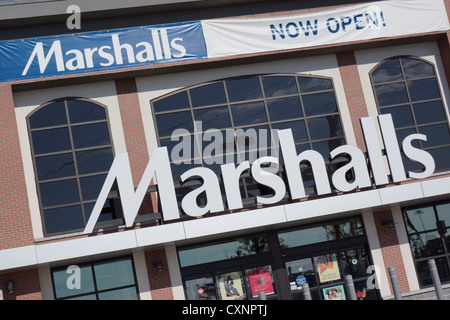A logo sign outside of a Marshalls retail store location in Washington ...