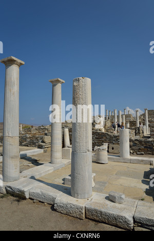 Statues, house of Cleopatra, archaeological site on museum island Delos ...