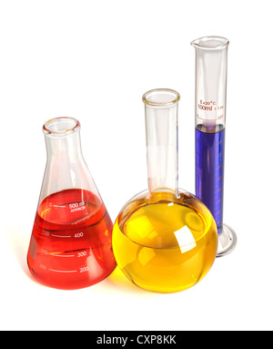 Different laboratory glassware with color liquid on laboratory ...