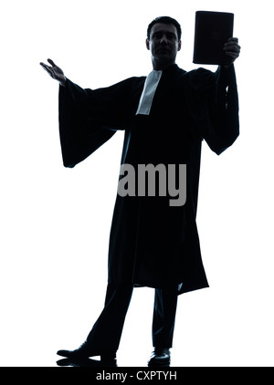 one caucasian lawyer man showing law book in studio isolated on white ...