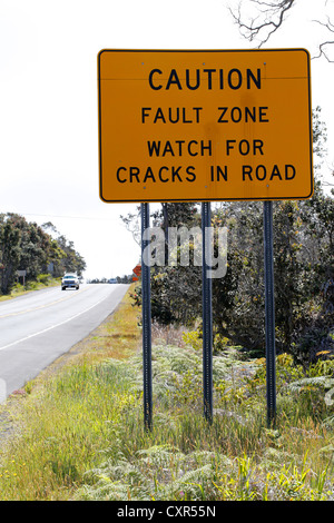 Warning sign, fault zone, Hawai'i Volcanoes National Park, Big Island ...