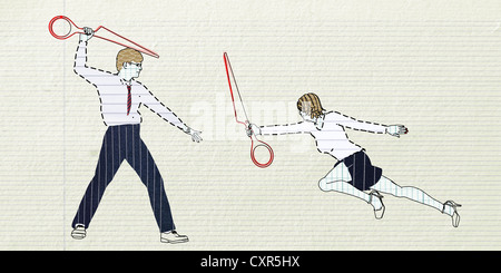 Colleagues fighting against each other with half a pair of scissors ...