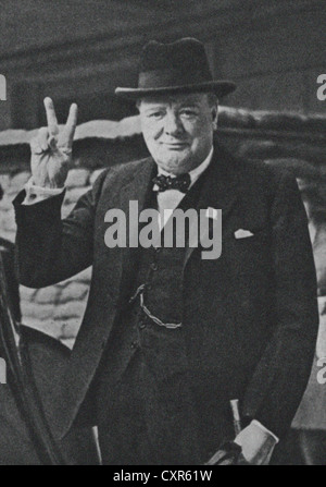 British wartime leader Winston Churchill with his famous V for victory ...