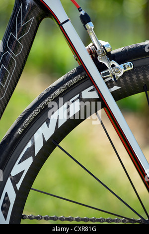 Modern carbon road racing bike stands close to forest lake in front of ...