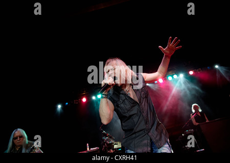Bernie Shaw, lead singer of the rock band "Uriah Heep" at a concert in ...