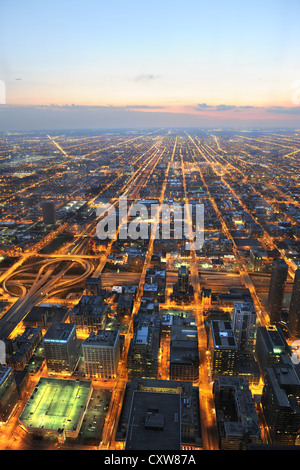 Aerial view of Chicago downtown at sunset from high above, Illinois USA ...