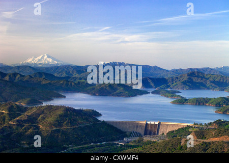 Aerial view of Shasta Lake, Shasta Dam, and Mt. Shasta, northern ...