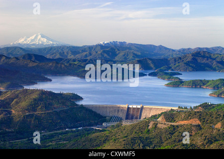 Aerial view of Shasta Lake, Shasta Dam, and Mt. Shasta, northern ...