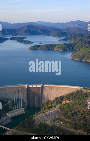 Aerial view of Shasta Lake, Shasta Dam, and Mt. Shasta, northern ...