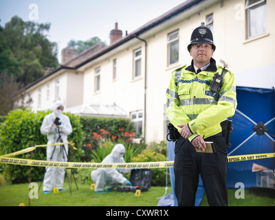 Crime scene investigation, forensic people at a murder scene. Police work, preservation of ...
