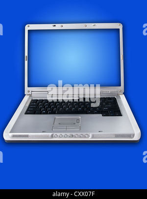 Computer laptop blank screen in construction site background for ...