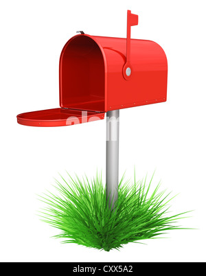 Red retro mailbox open empty with raised flag out of a laptop screen ...