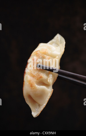 Close-up of chopsticks holding a cut open Chinese pork and shepherd's ...