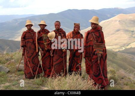 Group of young Basotho men wearing traditional Basotho blankets in ...