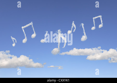 Blue sky, clouds shaped like music notes and a clef, illustration Stock ...