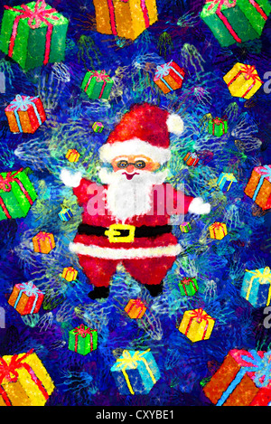 Santa Claus merrily juggling Christmas presents, illustration Stock ...