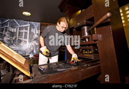 Johann Gutenberg s printing press Mainz Germany 1450s. Hand-colored ...