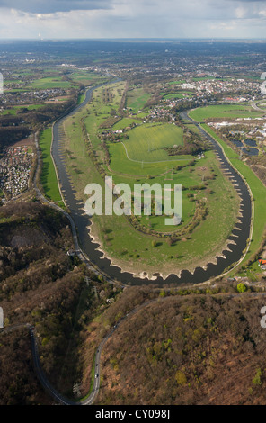 Aerial view, loop of the Ruhr river, groynes, Ruhraue nature reserve ...