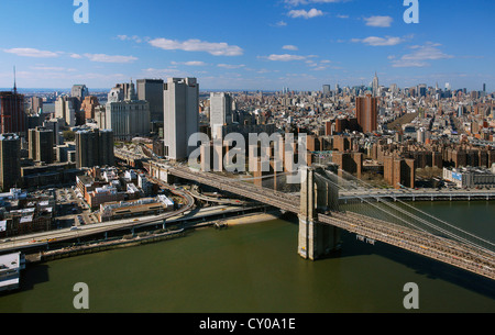 Brooklyn Bridge aerial view from helicopter, New York City. City ...