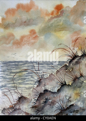 beach sand dunes watercolor painting Stock Photo - Alamy