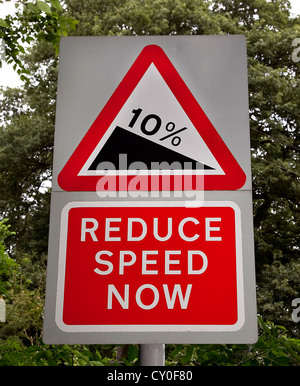 uk road sign steep hill gradient down slope downhill 10 percent ten ...
