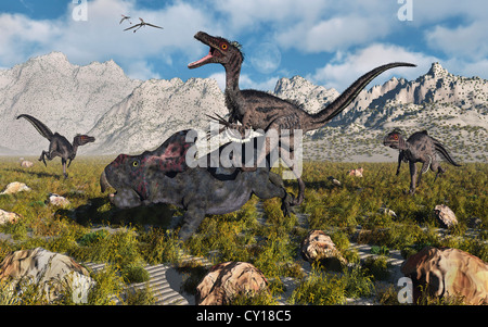 Velociraptors Attacking A Protoceratops Stock Photo - Alamy