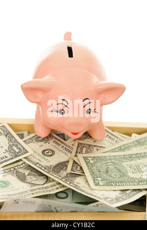 pink piggy near trough with money on white background Stock Photo - Alamy
