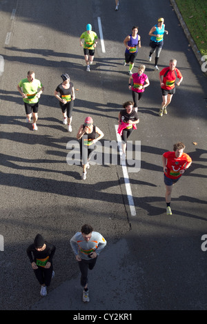 Marathon running race, aerial view of start and finish line with many ...