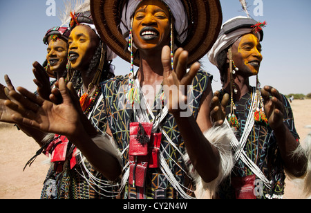 Men from the Wodaabe Tuareg tribe are dancing the gerewol dance at the ...