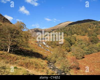 Waterfalls on Afon (River) Cwm Llan and an old slate quarry building ...