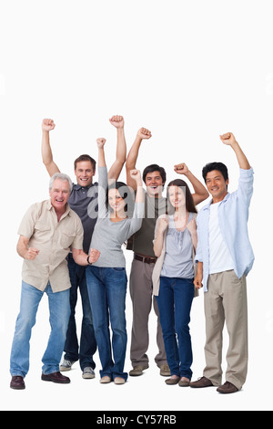 Group of happy young people cheering and having fun outdoors with ...