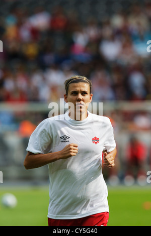 Canadian soccer player Christine Sinclair smiles during a media ...