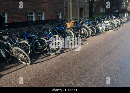 Large row of cycles parked in Cambridge with cycle parking sign Stock ...
