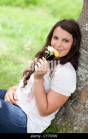 A Leaning Tree with Yellow Flowers Stock Photo - Alamy