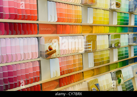 Spectrum of color coded paint chip samples on a display shelf in a ...