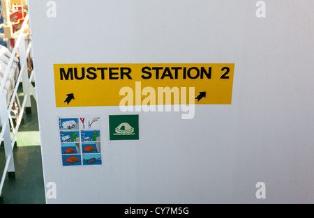 Lifeboat muster station sign aboard ocean liner 'Marco Polo'. Archive ...