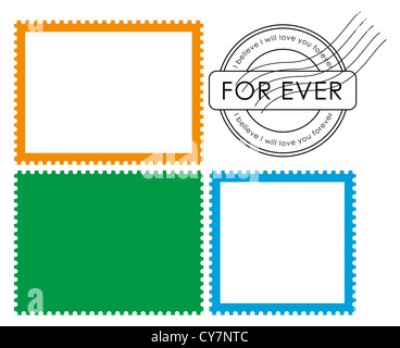Envelope with blank card and postage stamp against white background ...