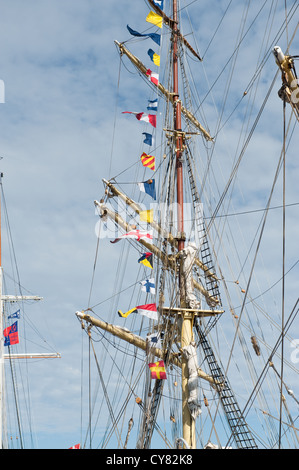 Maritime signal and code pennant flags hoisted on historic tall sailing ...