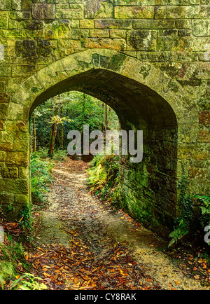 Rustic old stone archway in an overgrown secluded garden with climbing ...