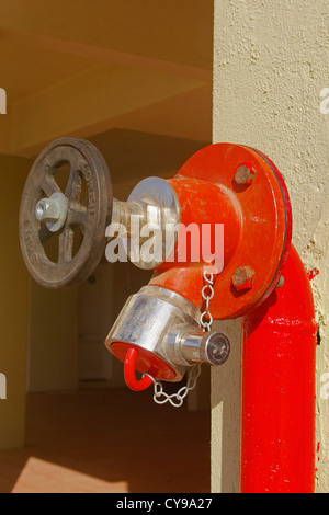 Red fire water lines in front of a building Stock Photo - Alamy
