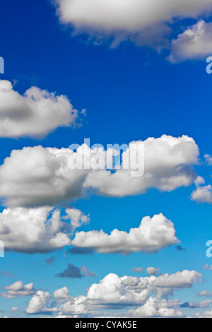 A vertical shot of white fluffy cloudscape in blue sky over the ...
