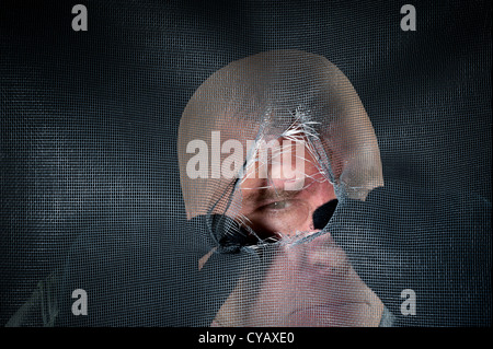 A peeping tom looking through a torn window screen in a creepy moment ...
