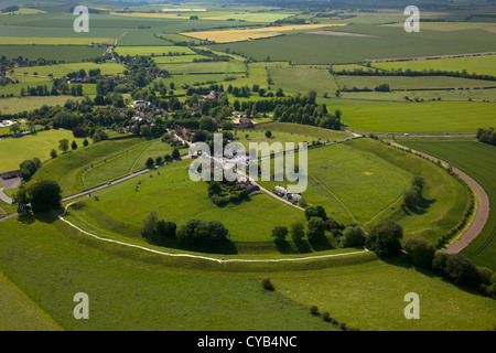 Aerial view of Avebury village and neolithic henge stone circle ...