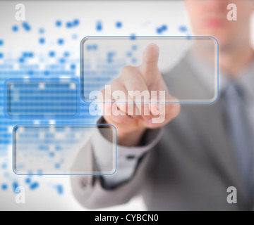 Businessman choosing one of three buttons on blue and white Stock Photo ...