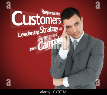 Businessman standing at the right side thinking finger at head red ...