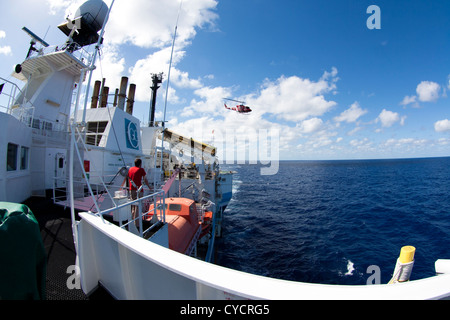 Helicopter departure from the offshore seismic vessel CGG Alizé. Vessel ...