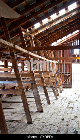 The interior of a barn with stables. Angles and light direction create ...